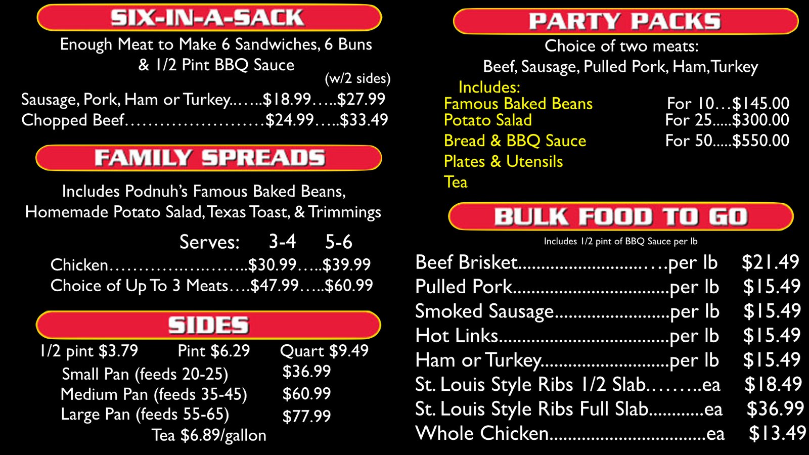 Podnuh's Bar-B-Que Menu, BBQ Brisket, Sausage, Ham and Chicken